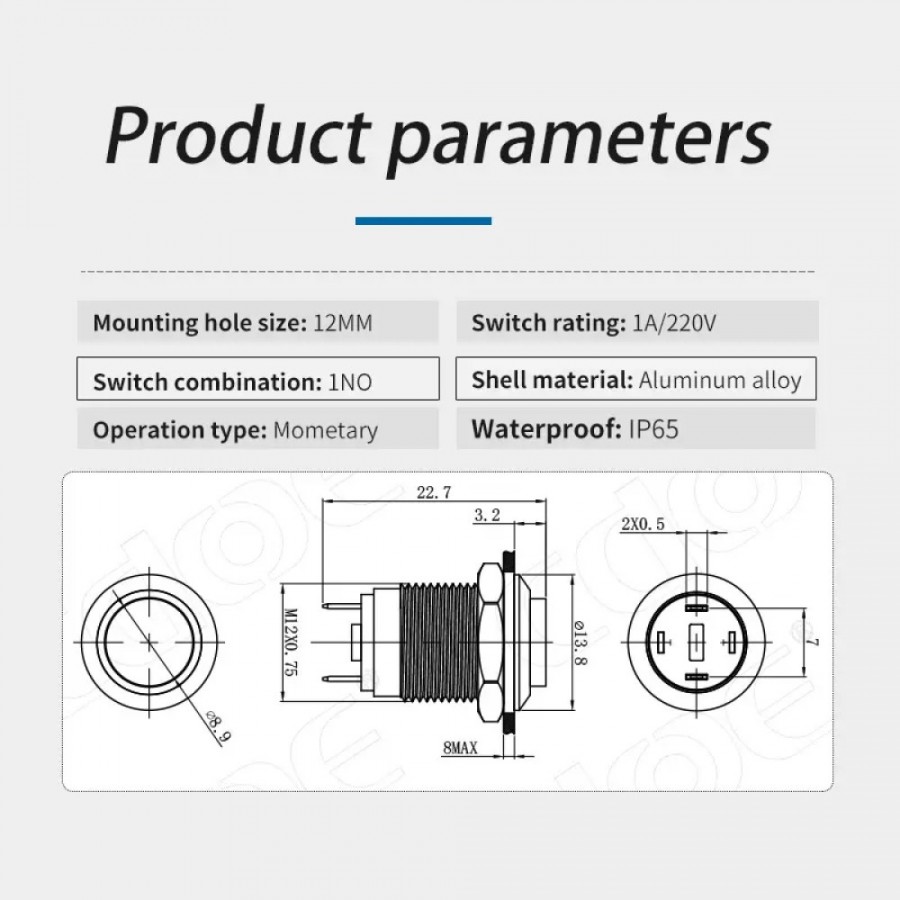 HBDGQ12H-10/J/N, 12mm 1NO 250V 5A IP65 Metal Buton