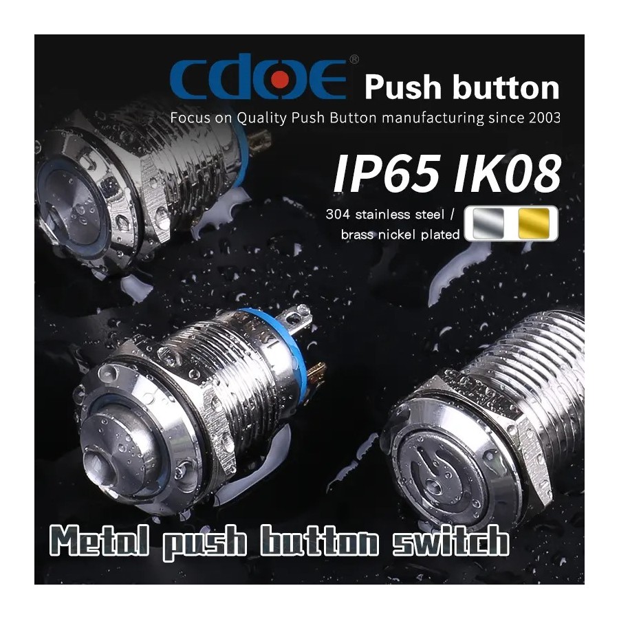 HBDGQ12H-10/J/N, 12mm 1NO 250V 5A IP65 Metal Buton