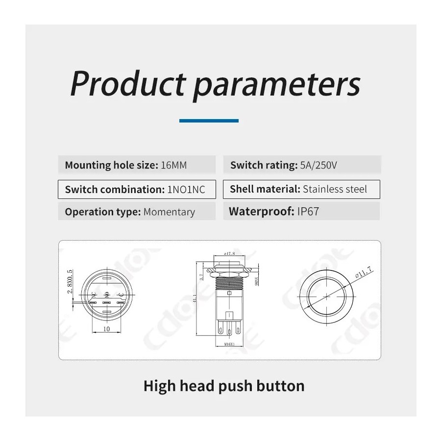 HBDS1-AGQ16H-11Z/J/S, 16mm 1NO/1NC IP67 Metal Kalıcı Buton
