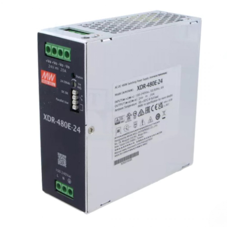 XDR-480E-24, 24VDC 20A Ultra Slim Ray Montaj Güç Kaynağı, Mean Well