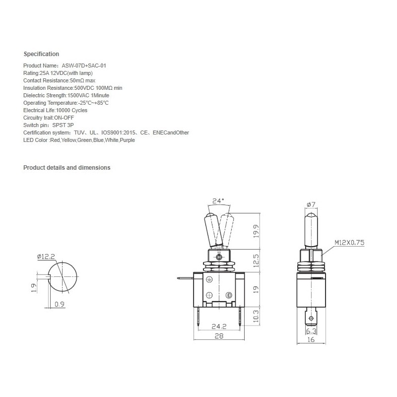AF151A, Toggle Switch 12V Kırmızı Ledli